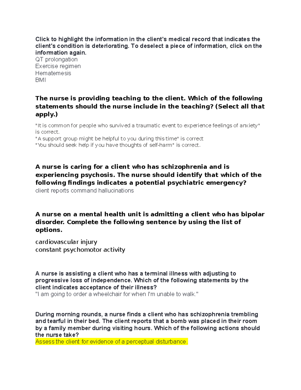 Psych Practice B - Important Client Care Questions and Teaching Points ...