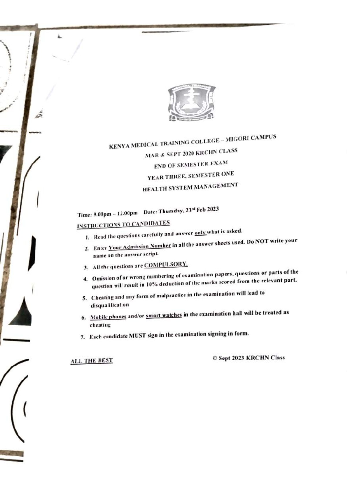 KRCHN 3.1 End of Semester Revision Questions for Health System ...