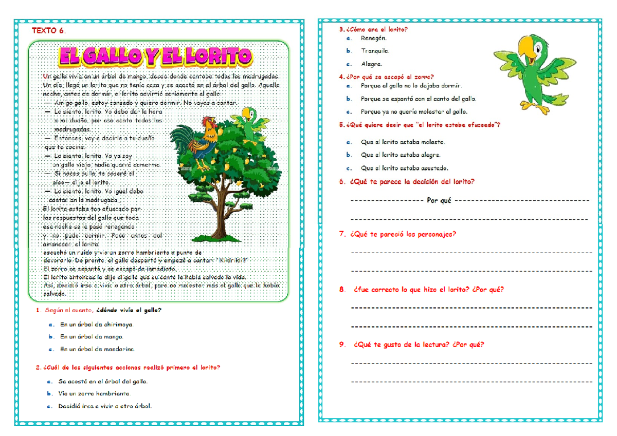 Resumen de "El Gallo y El Lorito Cuarto" - Texto 6.3 - Studocu