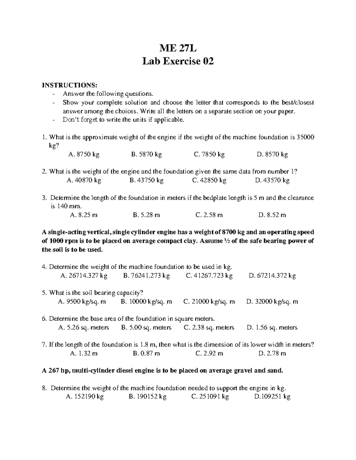 ME 27L Lab Exercise 02 - Engine Weight and Foundation Calculations ...