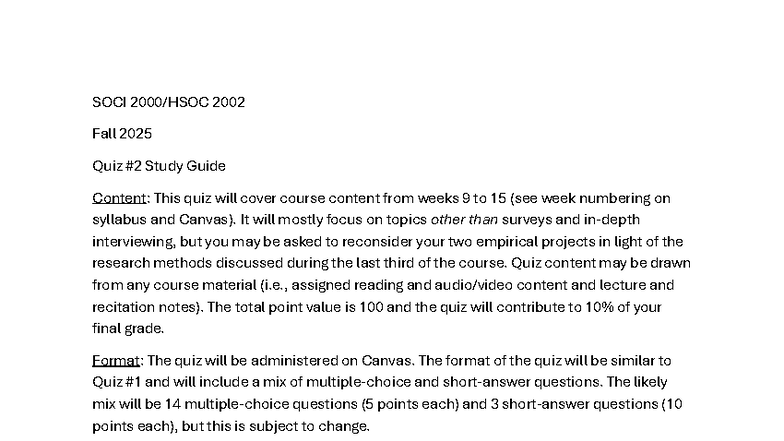 SOCI 2002 Fall 2025 Quiz Study Guide: Weeks 9-15 Content Review - Studocu