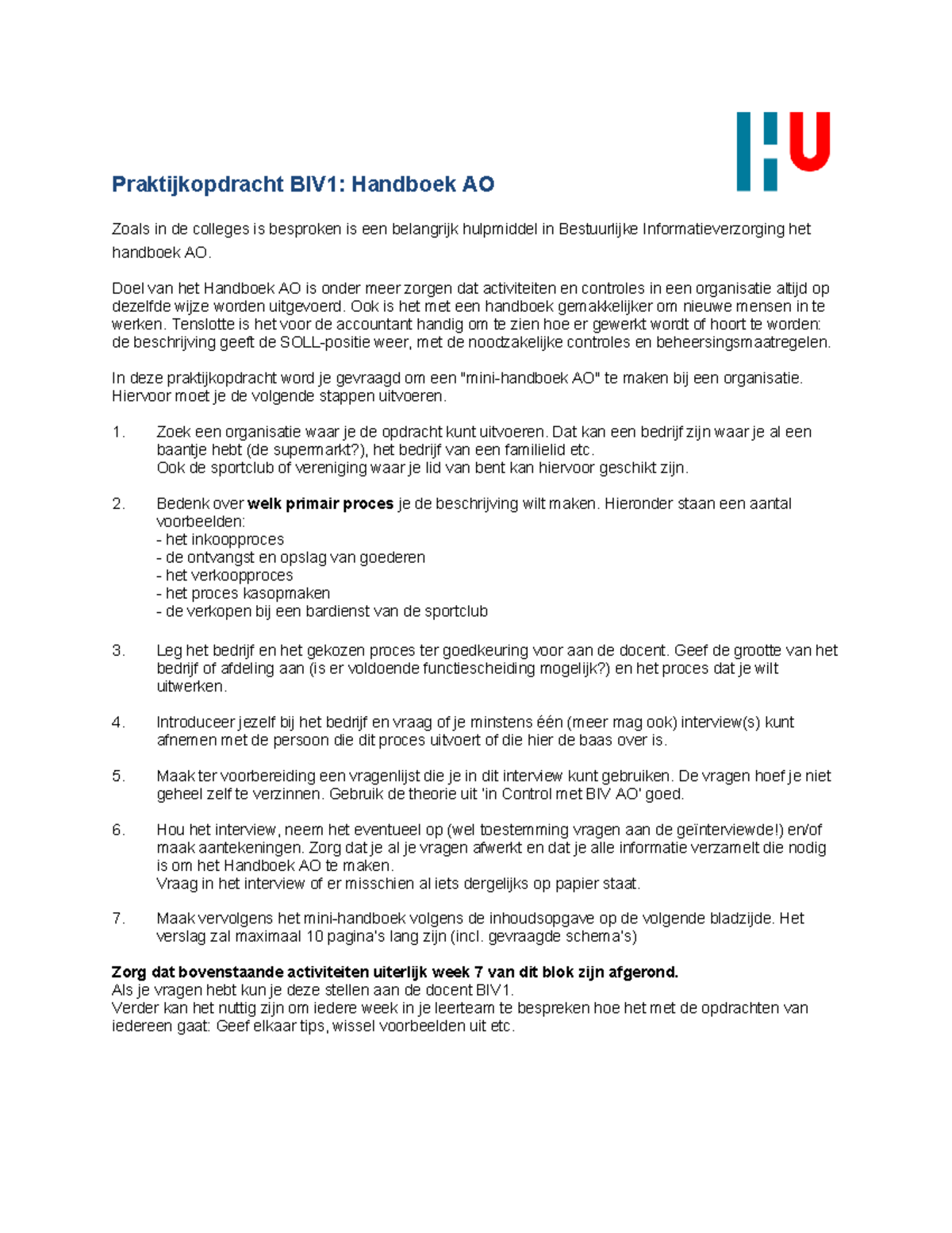 Praktijkopdracht BIV1: Handboek AO 2024-2025 en Stappenplan - Studeersnel