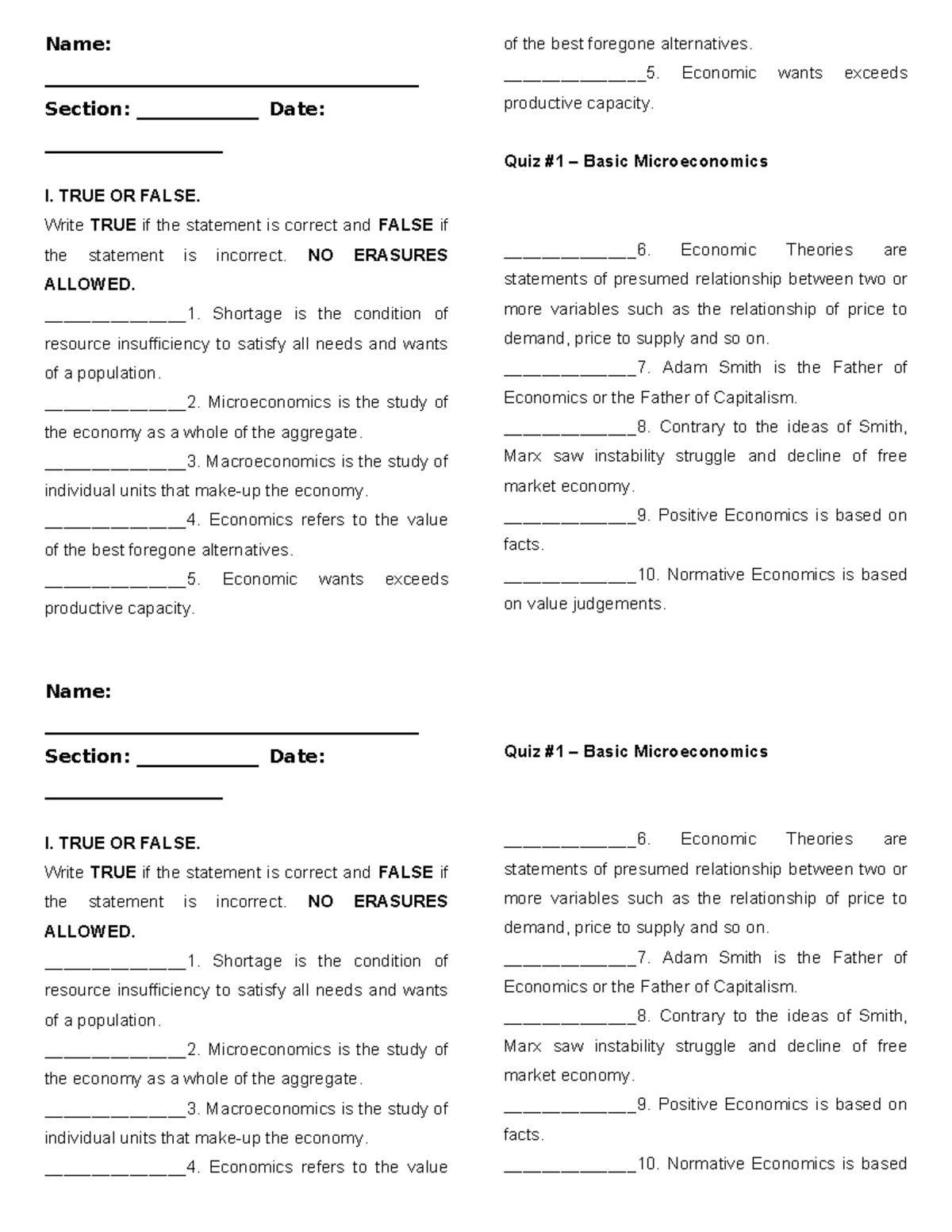 Quiz 1: Basic Microeconomics I - True or False Statements - Studocu