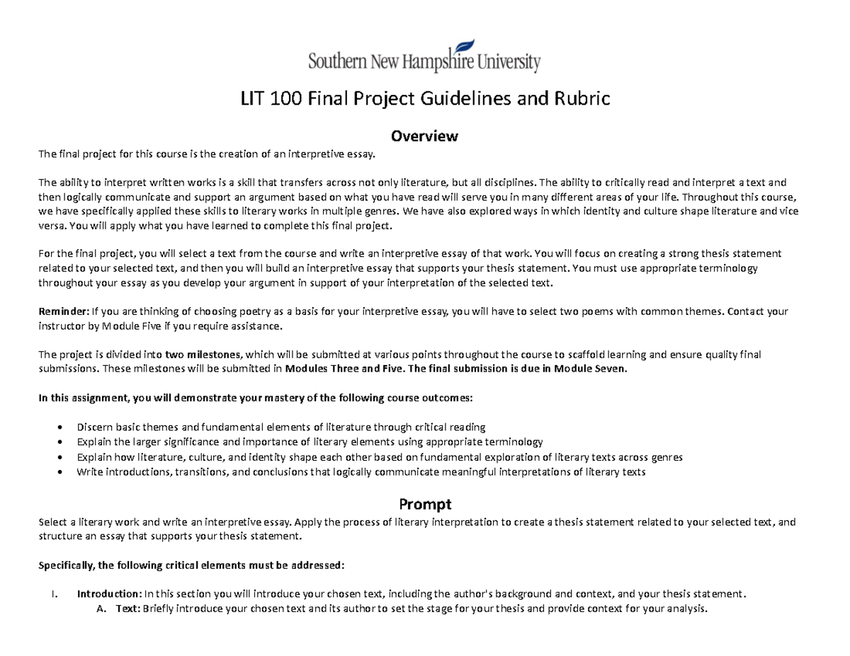 LIT 100 Final Project: Interpretive Essay Guidelines and Rubric - Studocu