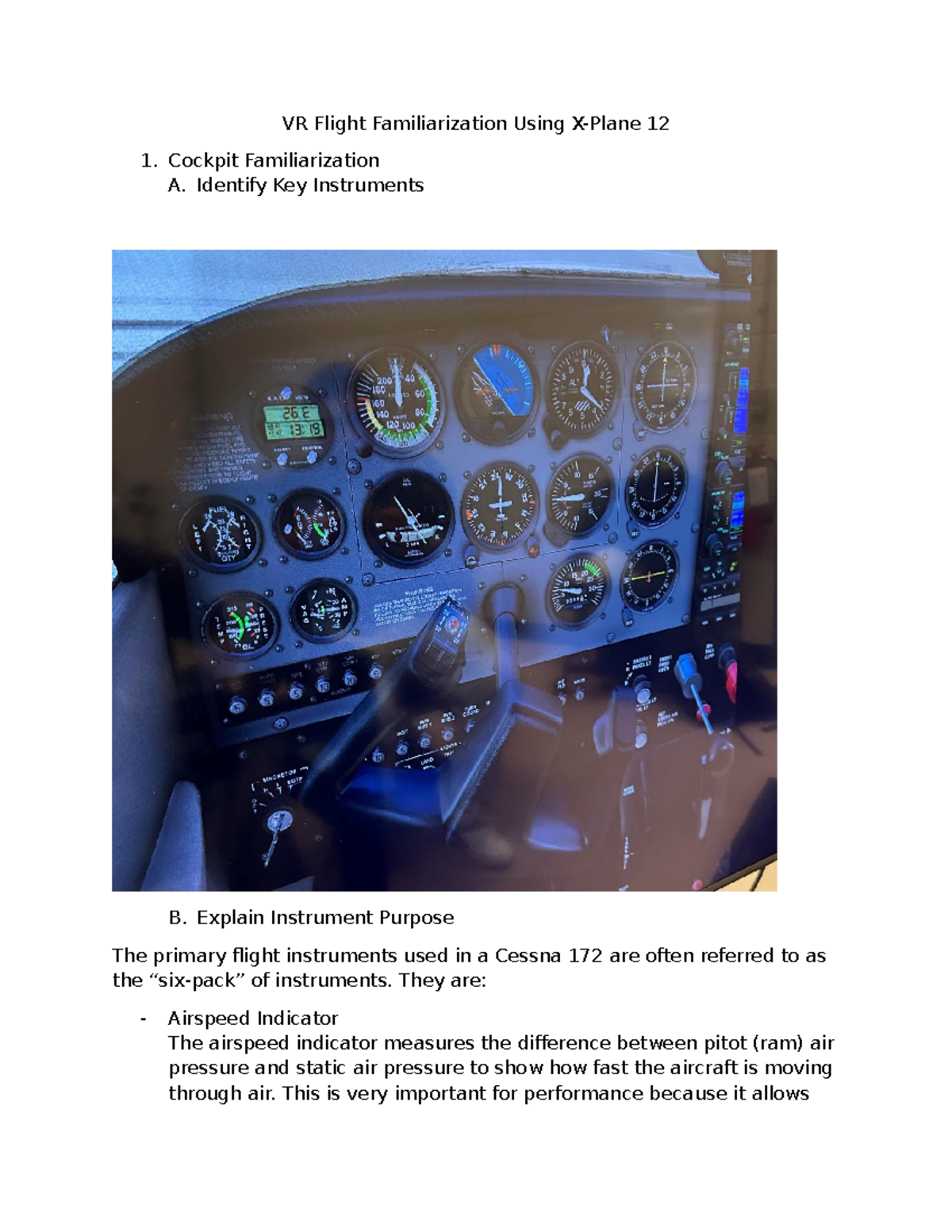 VR Flight Familiarization Assignment AERO: Cockpit Instruments ...
