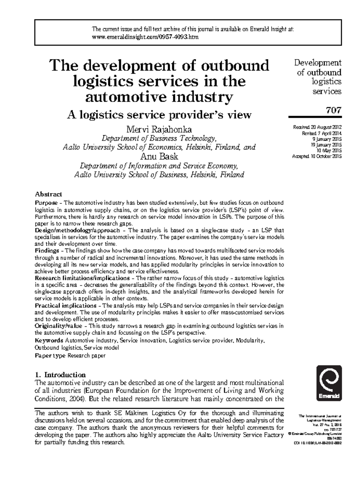 Development of Outbound Logistics Services in Automotive Industry: An ...