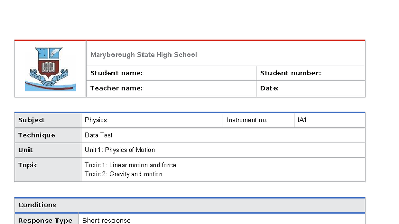 2021 - Unit 1 - Physics of Motion Data Test Draft - Studocu