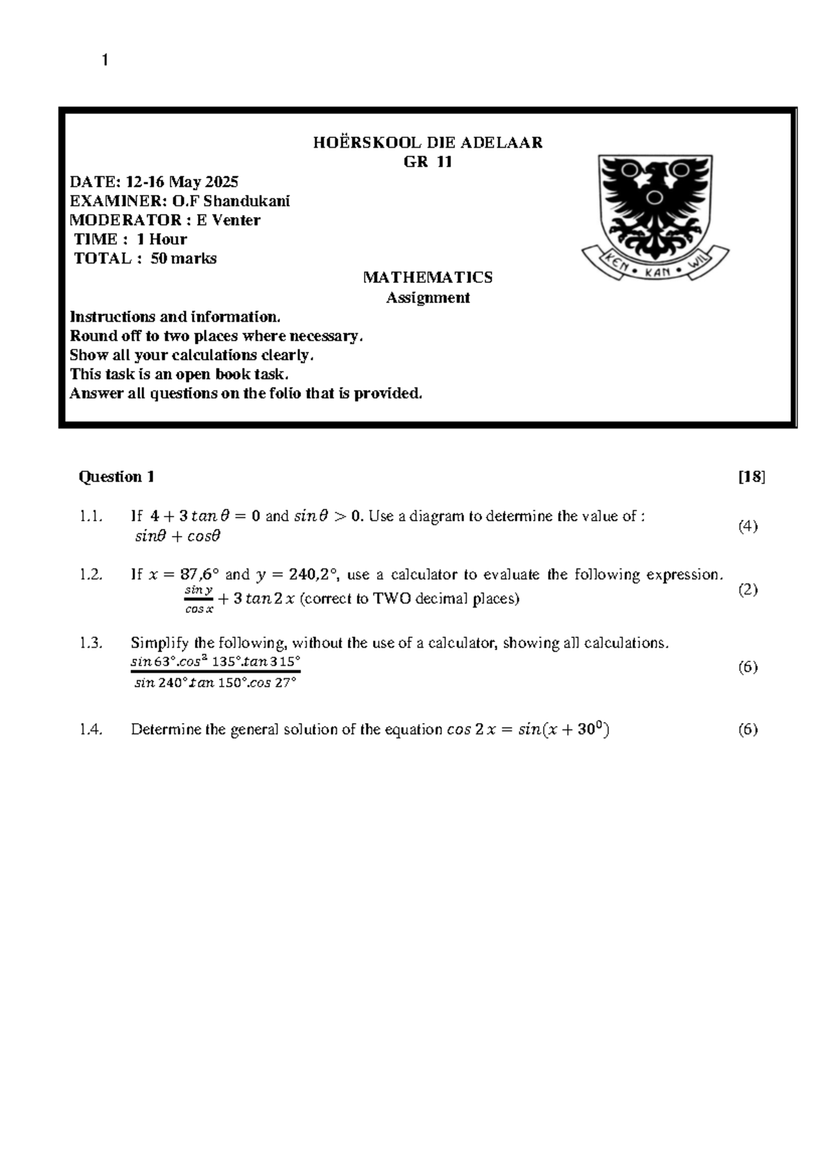 Mathematics Assignment Gr 11 (2025) - Term 2 Exam Preparation - Studocu