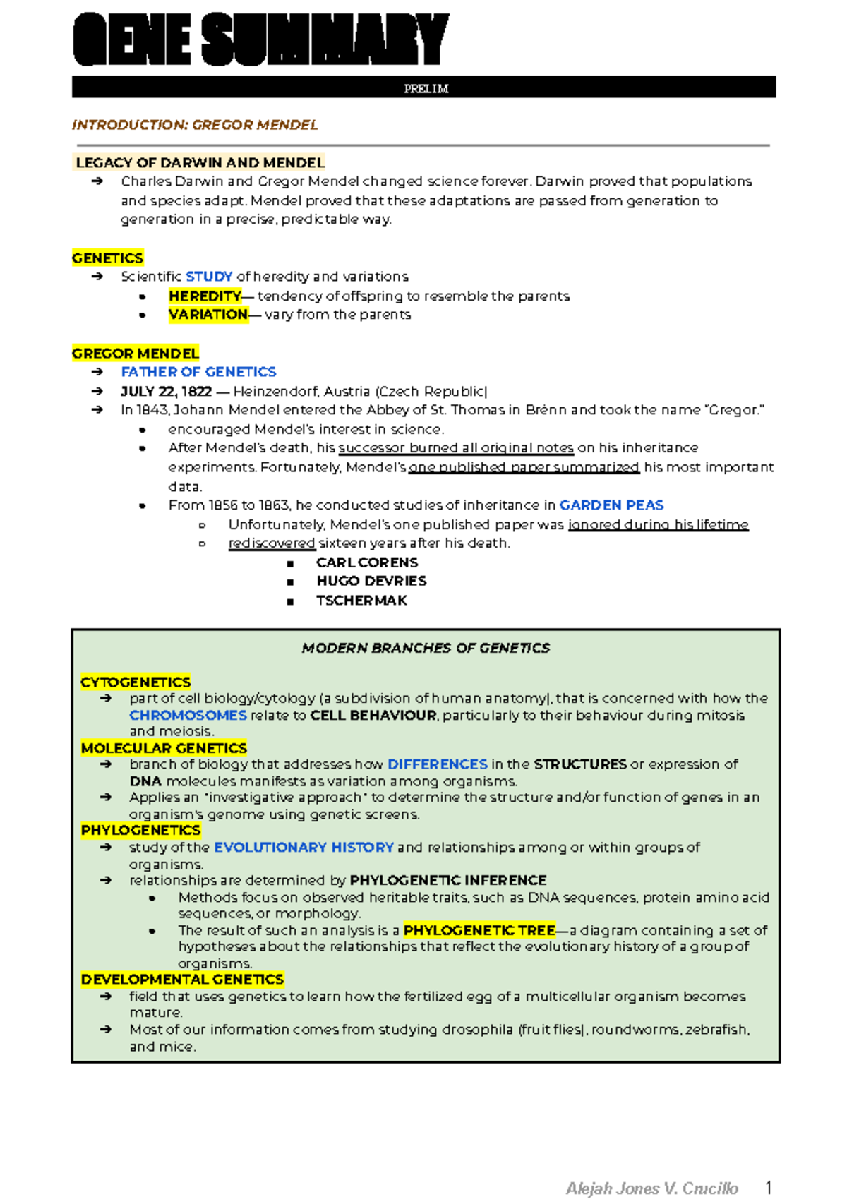 GENE ★ - GENETICS LECTURE NOTES: MENDEL & DARWIN'S LEGACY - Studocu