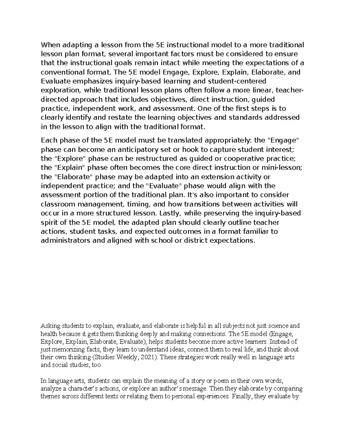Adapting the 5E Model to Traditional Lesson Plans: Topic 2 DQ 1-2 - Studocu