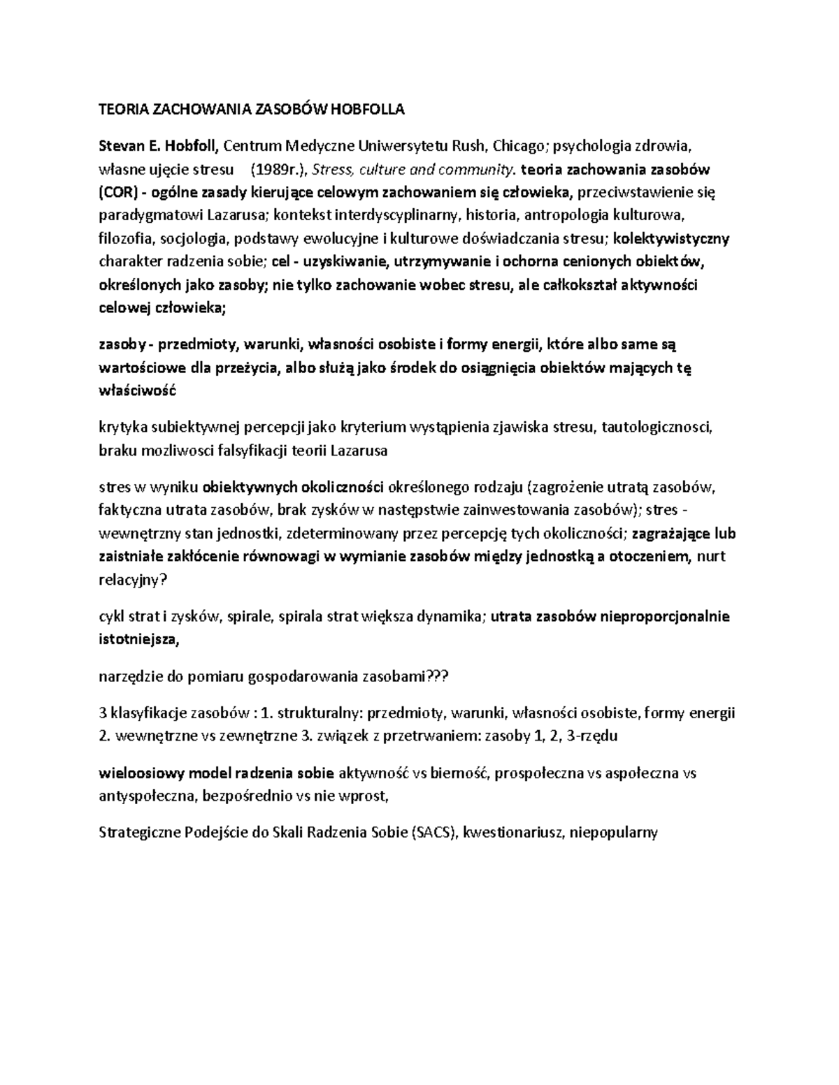 Teoria Zachowania Zasobów Hobfolla: Kluczowe Zasady i Krytyka - Studocu