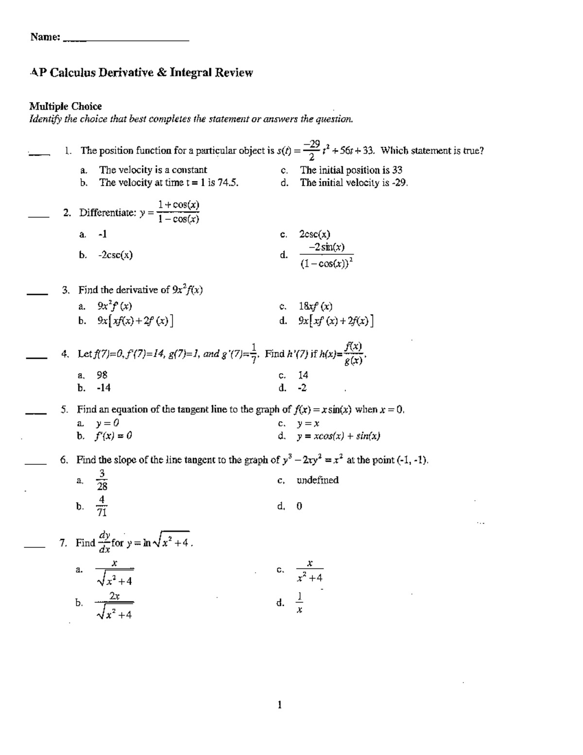 AP Calculus (Final Exam) Derivative & Integral Review Solutions - Studocu