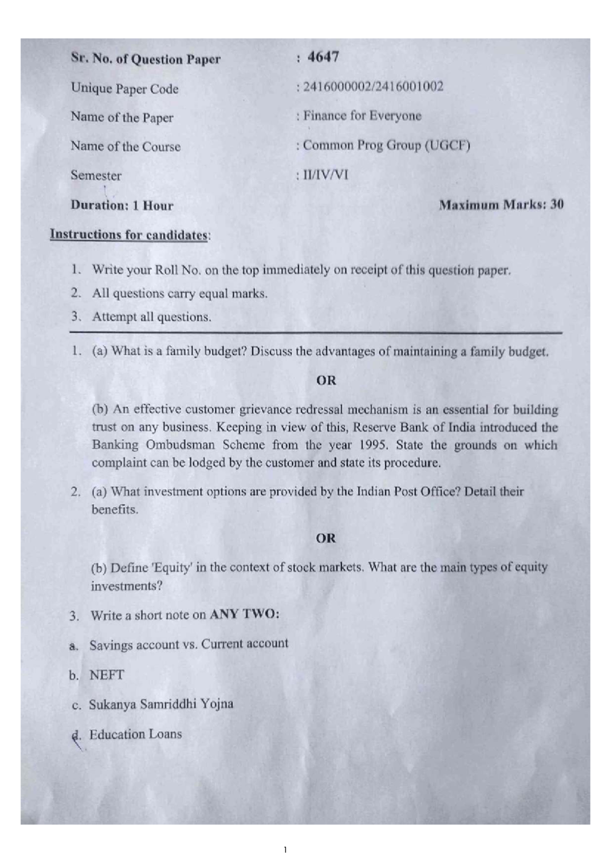 Finance for Everyone Question Paper (UGCF) - Unique Code 4647 - Studocu