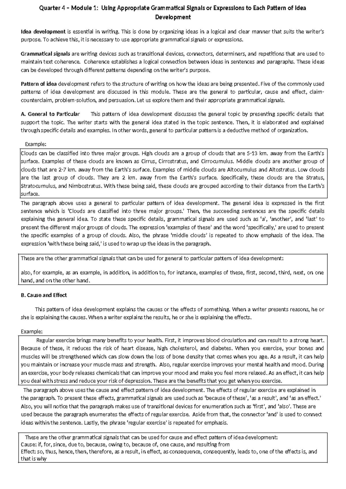 Q4 M1: Patterns of Idea Development and Grammatical Signals - Studocu
