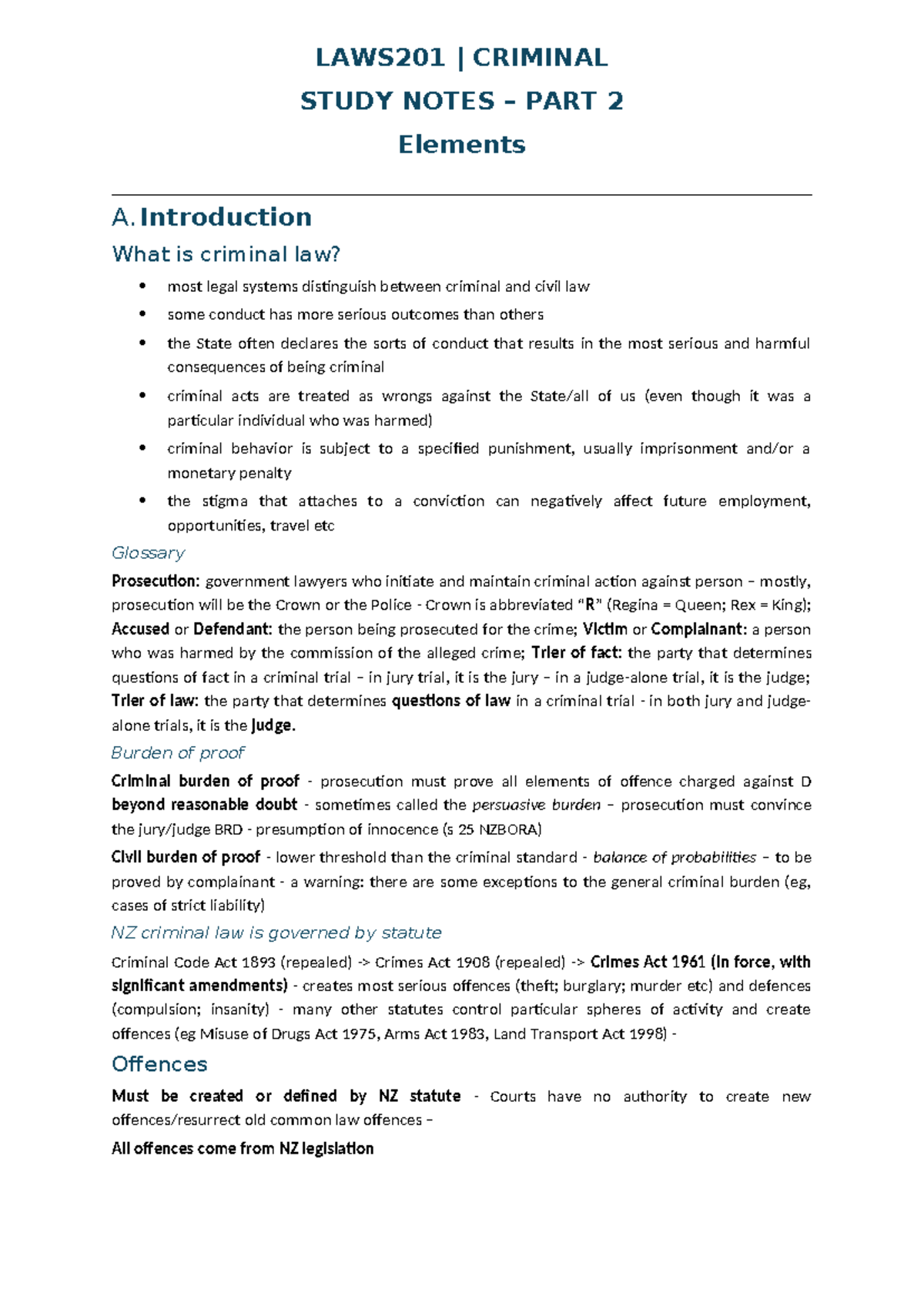 LAWS201 CRIMINAL STUDY NOTES PART 2: Key Elements of Criminal Law - Studocu