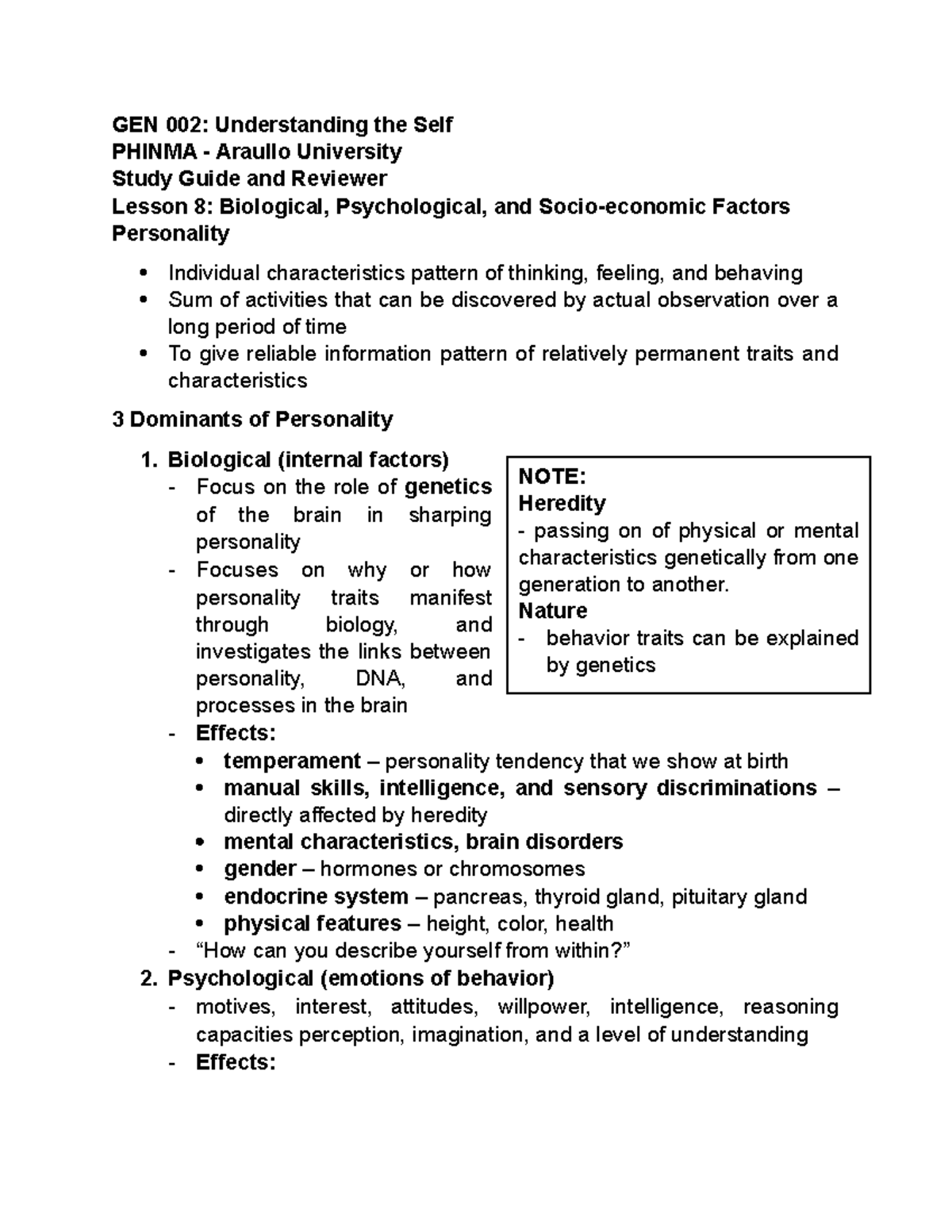 GEN 002 Lesson 8: Biological, Psychological & Socio-Economic Factors ...