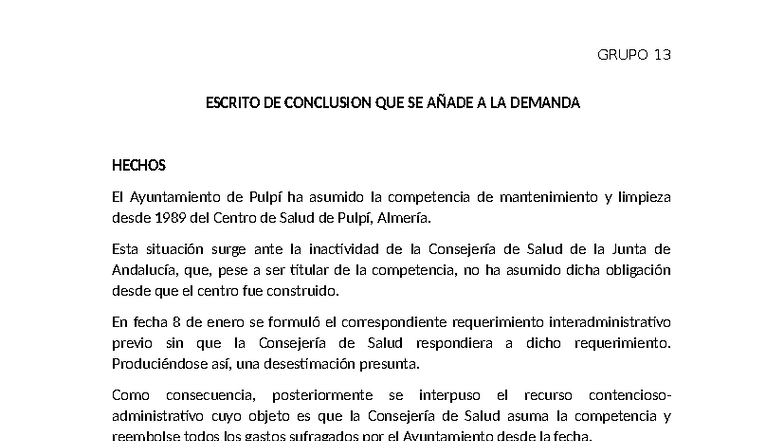 Escrito de Conclusión sobre Competencias del Ayuntamiento en Pulpí - Studocu