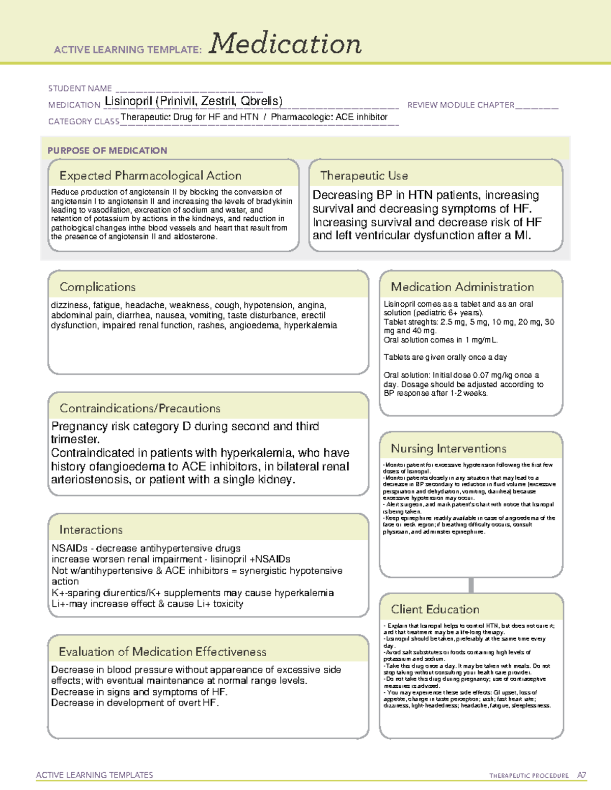Medication - Lisinopril - ACTIVE LEARNING TEMPLATE: Medication STUDENT ...