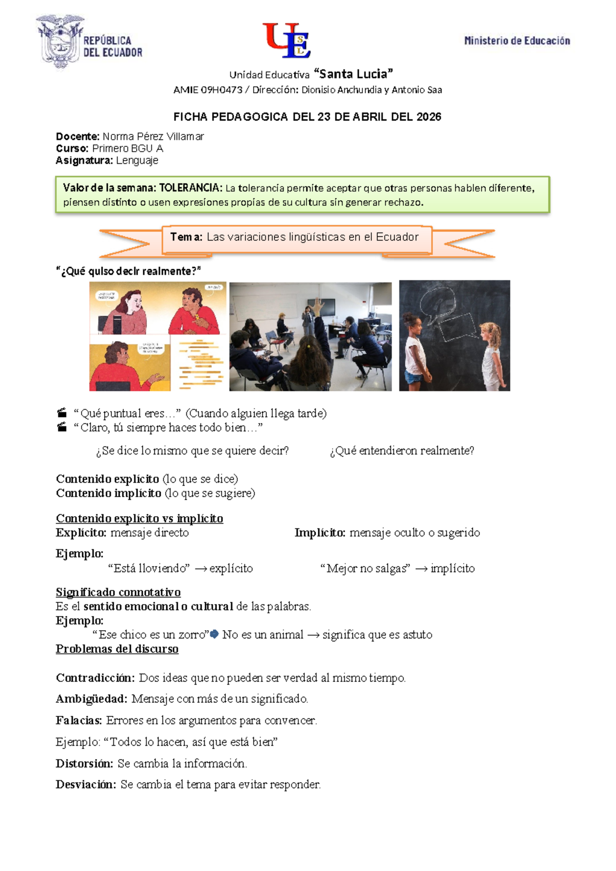 Ficha Pedagógica de Lenguaje - Primero BGU A (23 Abr 2026) - Studocu