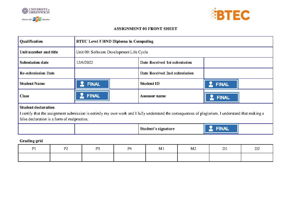 Ass1 Software Development Life Cycle(1631) - ASSIGNMENT 01 FRONT SHEET Qualification BTEC Level ...