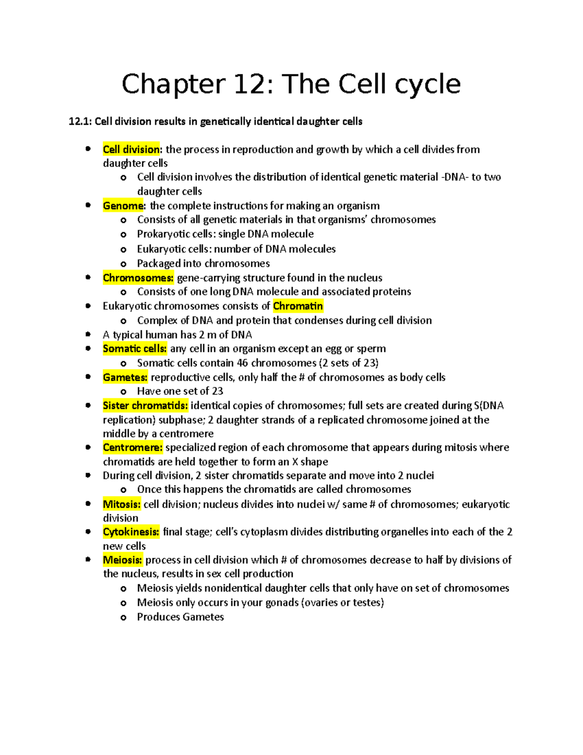 Bio 1500 CH 12 notes - Chapter 12: The Cell cycle 12: Cell division ...