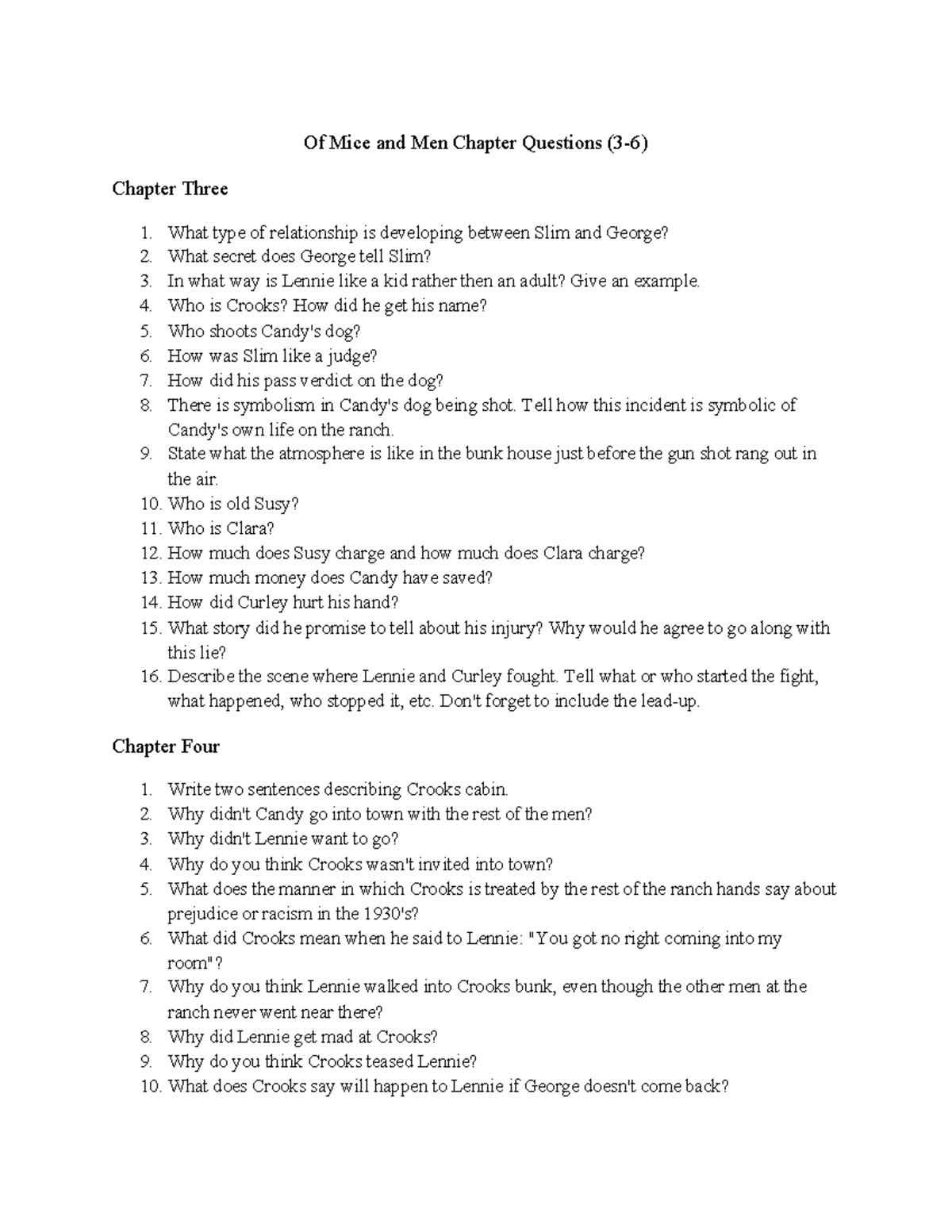 Of Mice and Men Chapter Questions (Ch. 3-6) Analysis - Studocu