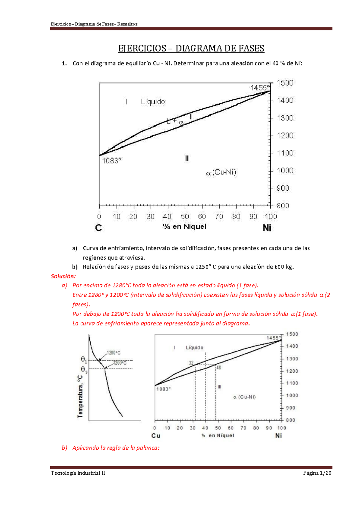 Ejercicios Resueltos sobre Diagramas de Fases Cu - Ni y Bi - Sb - Studocu