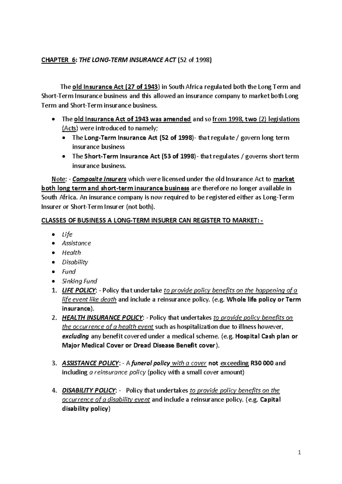 Chapter 6: The Long-Term Insurance Act Overview - Studocu