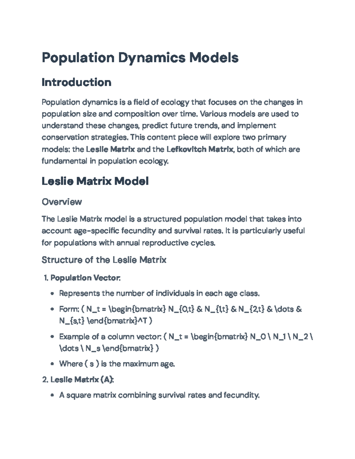 Population Dynamics Models: Overview of Leslie & Lefkovitch Matrices ...