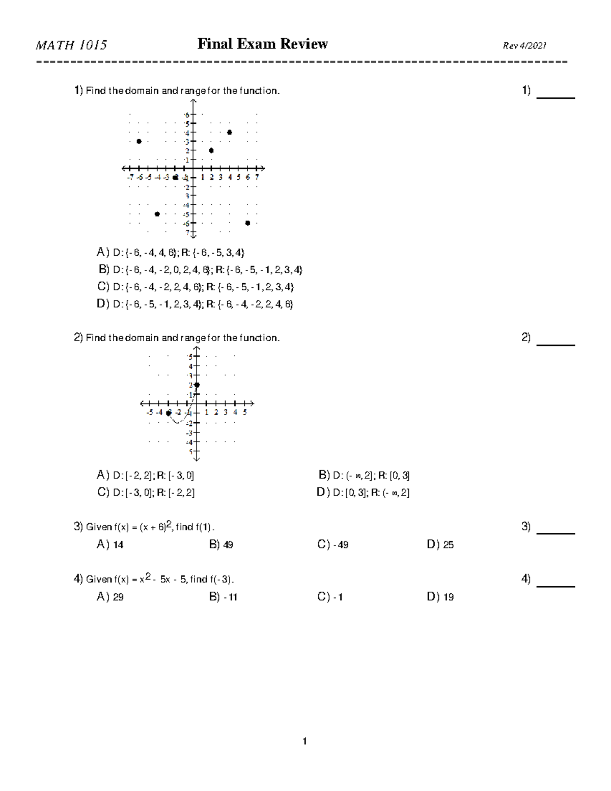MATH 1015 FE Review Updated 2021 - MATH 1015 Final Exam Review Rev 4 ...