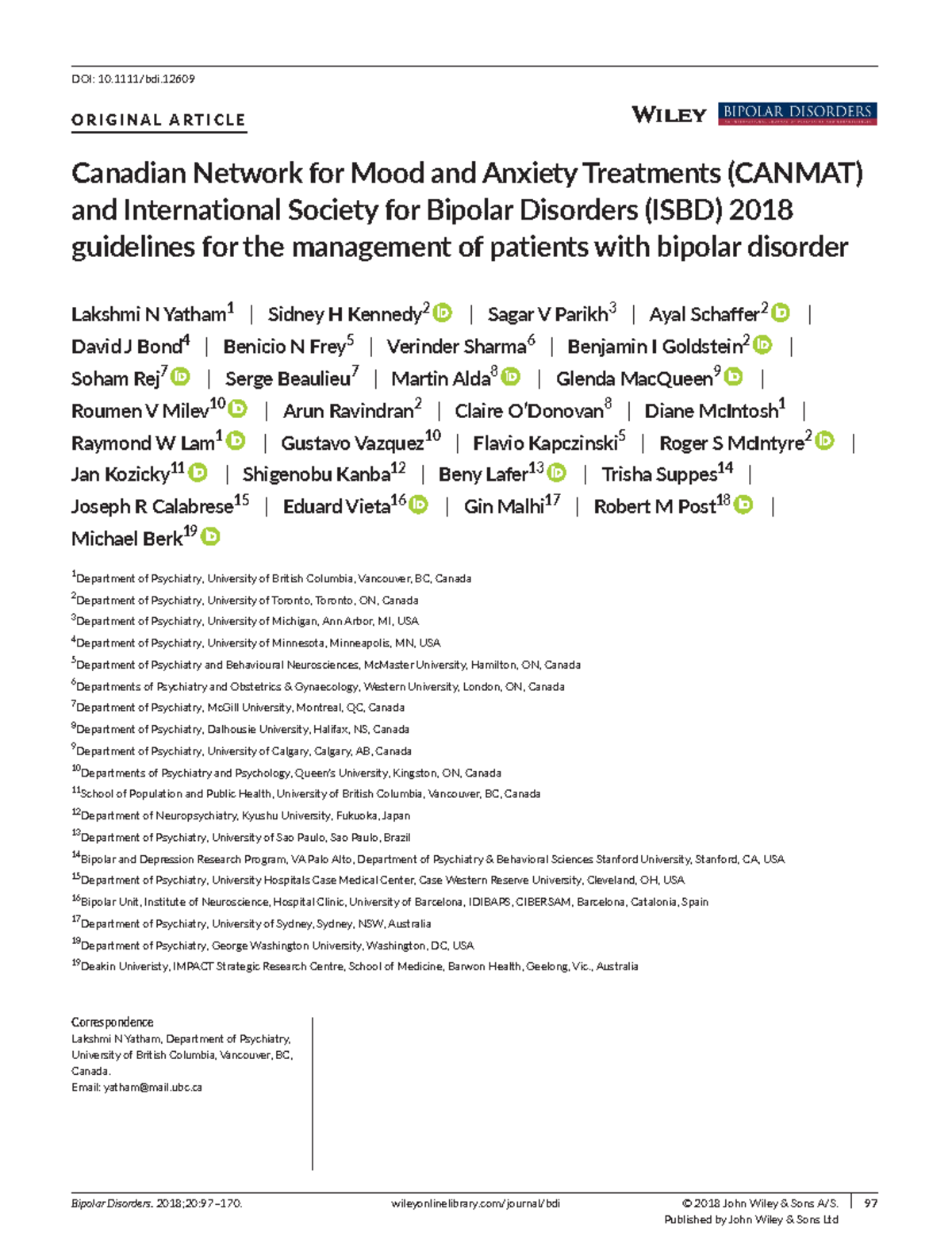 Canmat and ISBD Bipolar Guidelines- Yatham et al 2018 - Bipolar ...