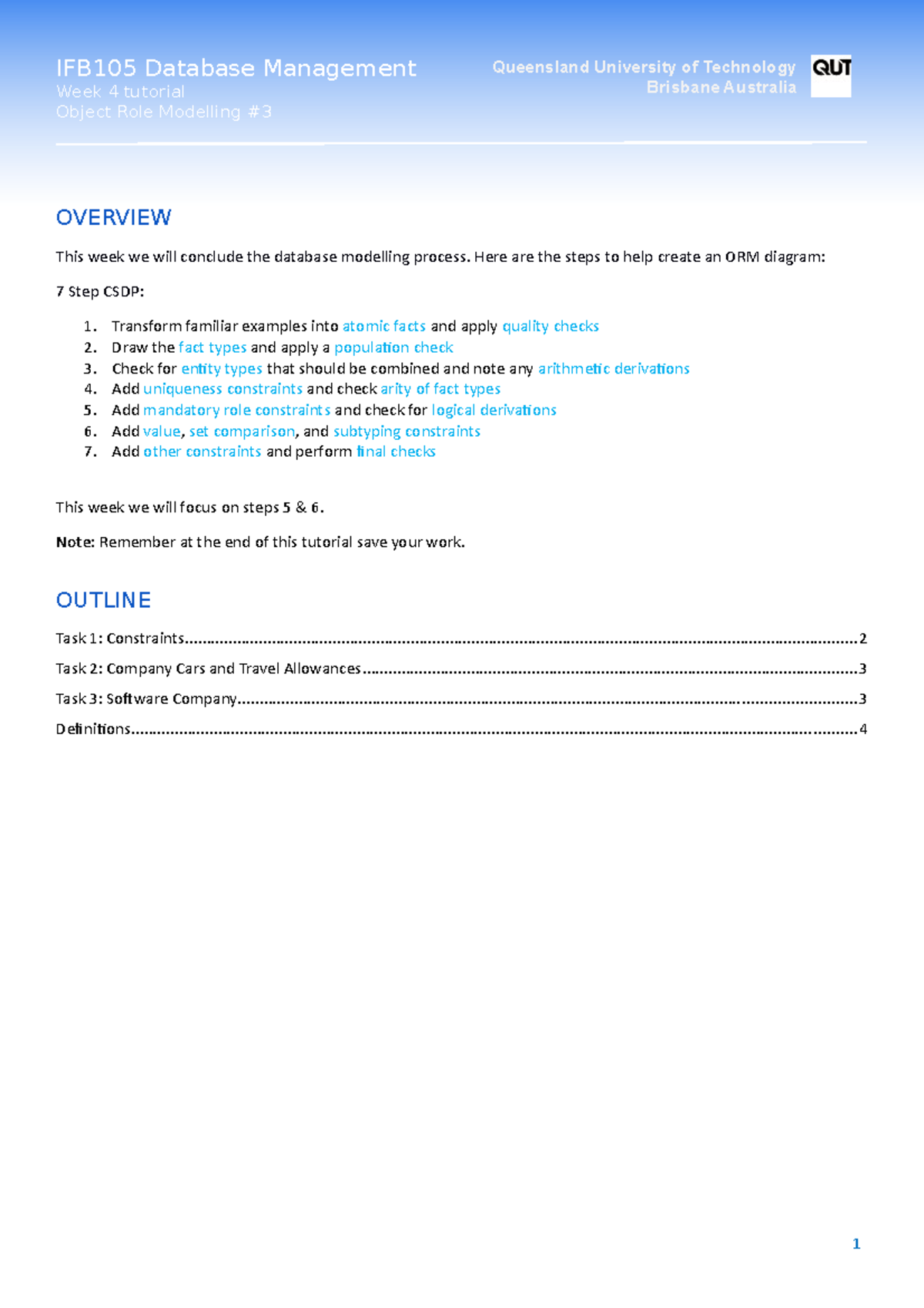 IFB105 tutorial week 4 worksheet - IFB105 Database Management Week 4 tutorialObject Role ...