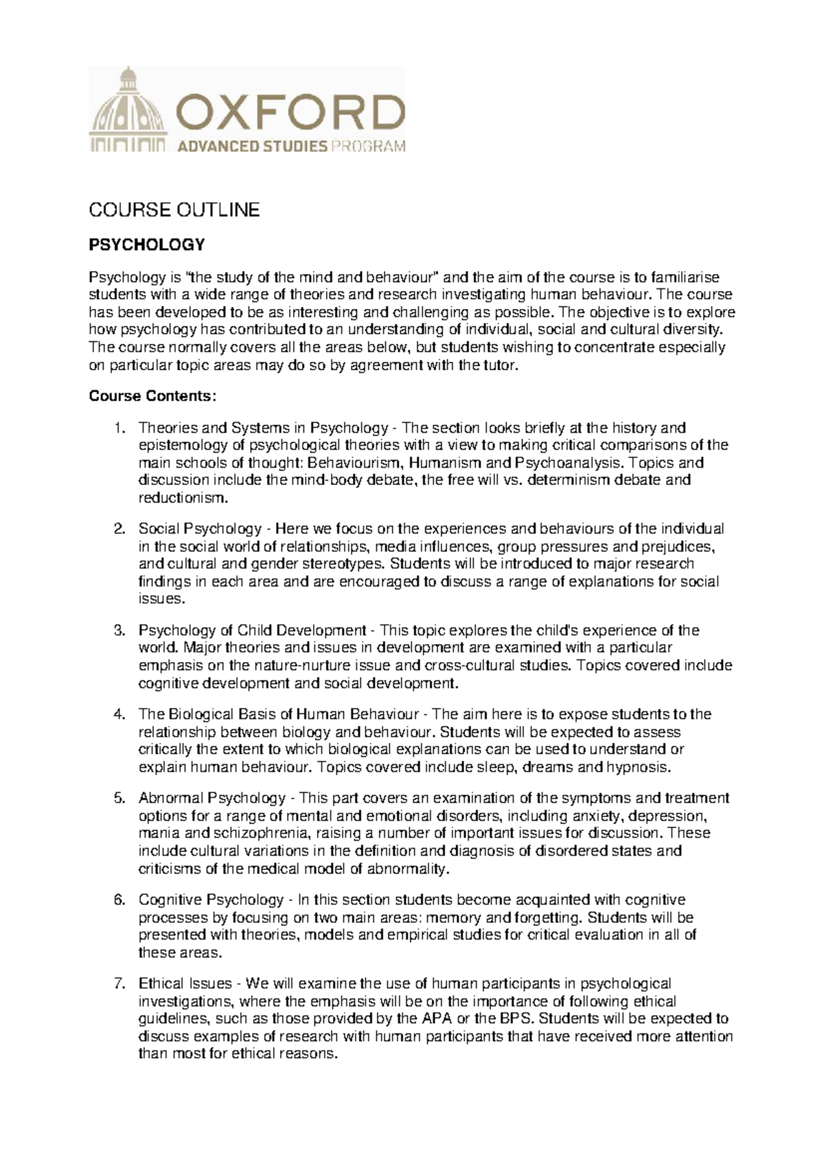 COURSE OUTLINE PSYCHOLOGY 131169964: Exploring Human Behavior and ...