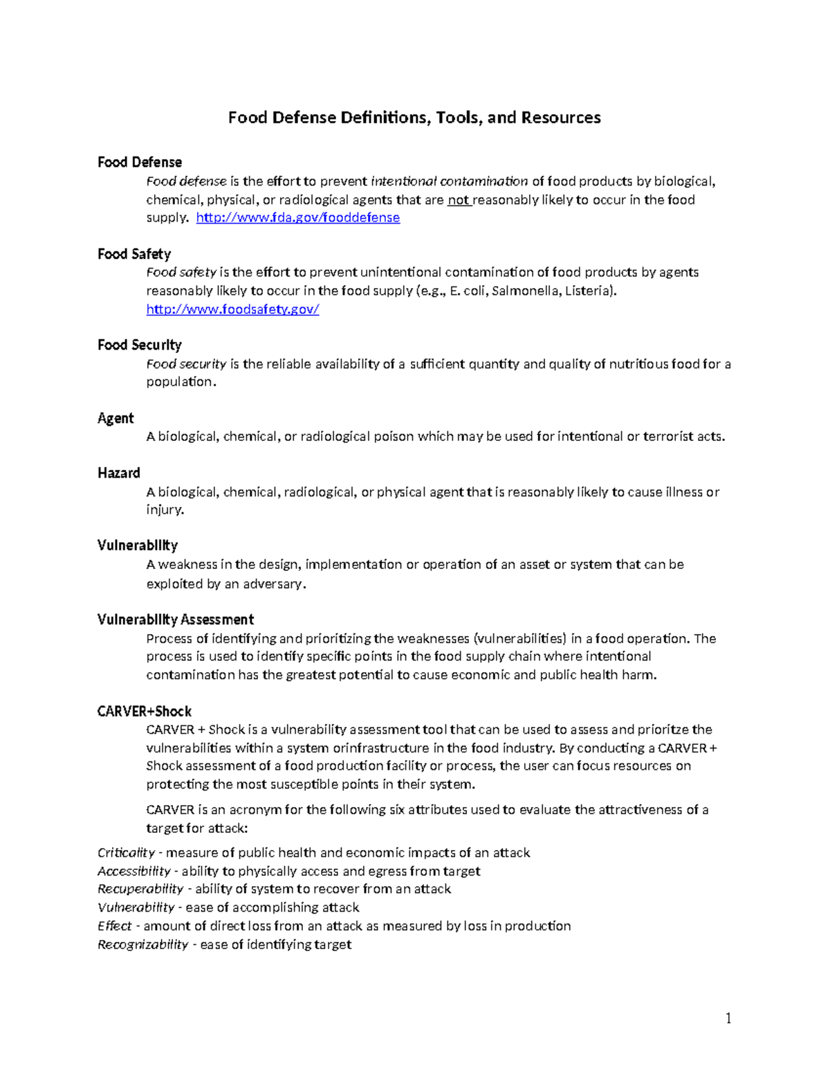 Food Defense Definitions and Resources - 2011 Overview - Studocu