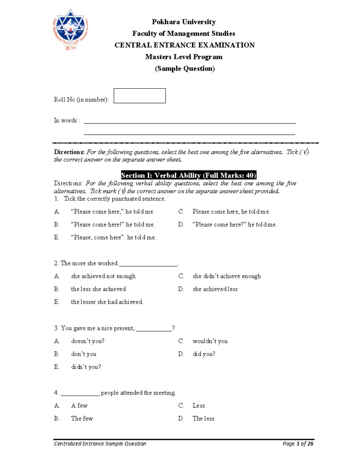 MBA - Pumat - Sample Entrance Exam Questions and Practice - Studocu