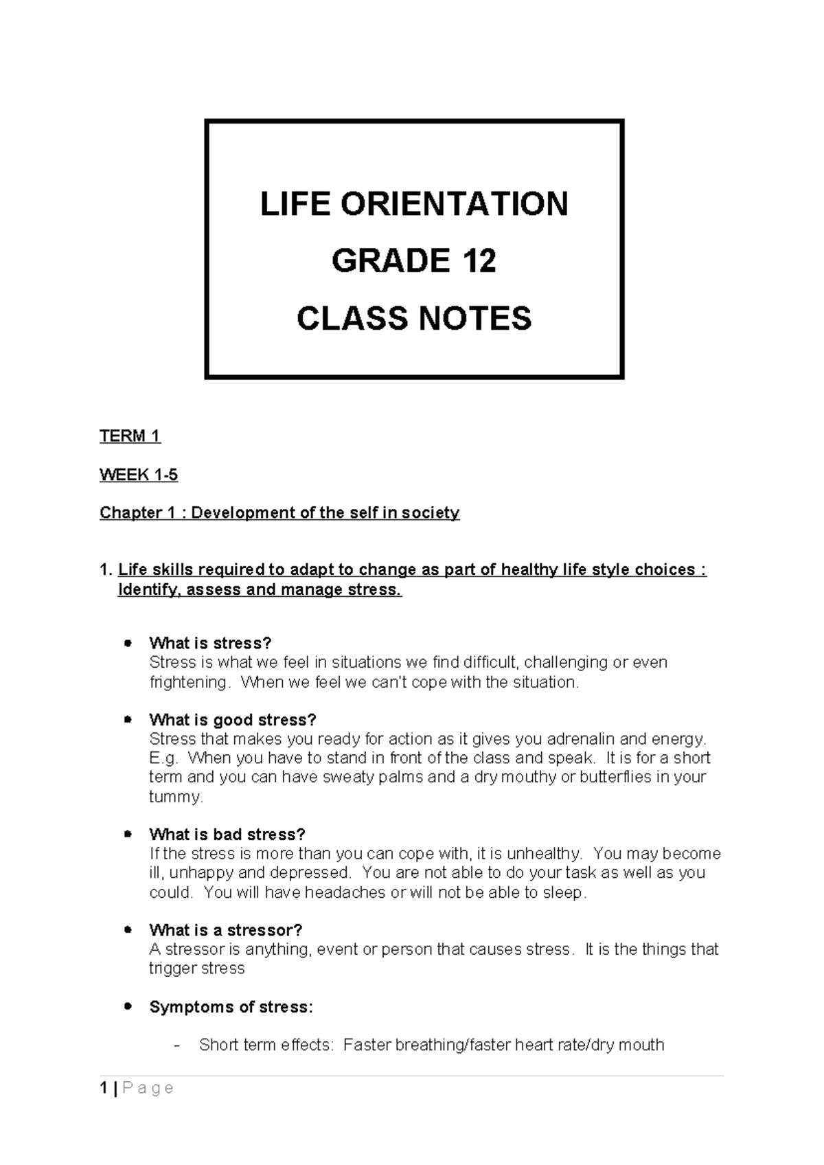 Grade 12 Life Orientation Class Notes: Managing Stress & Relationships ...