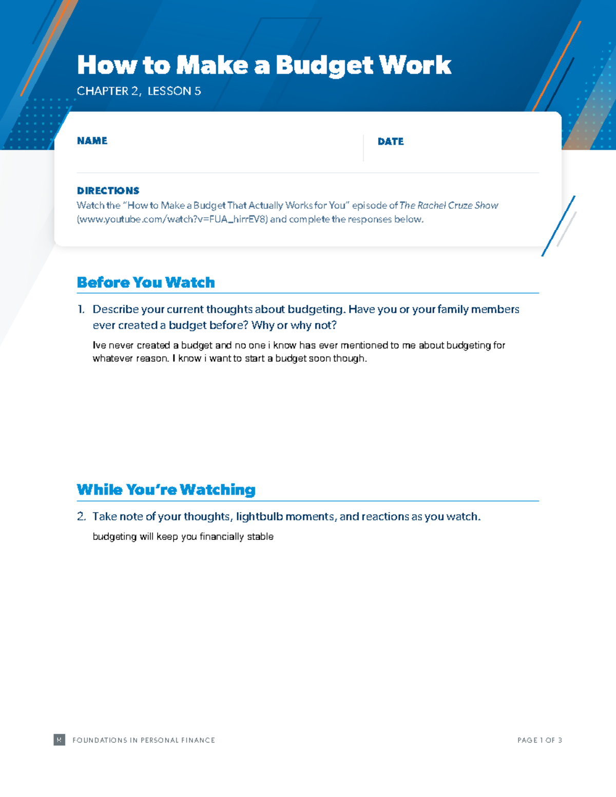 Act ch02 l05 english - Personal Finance Ramsey Classroom - PAGE 1 O F 3 ...