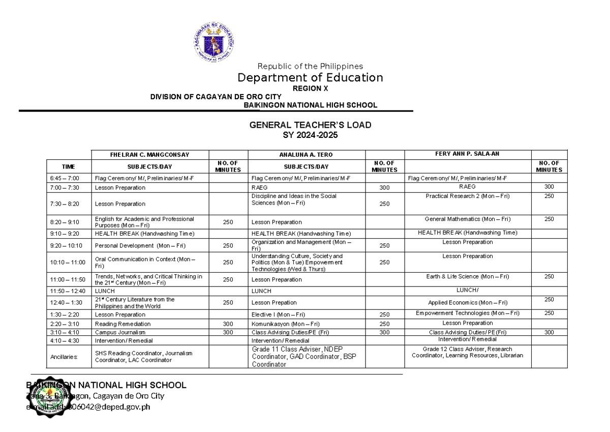 Teacchers Load 3x - Class Program - Department of Education REGION X ...