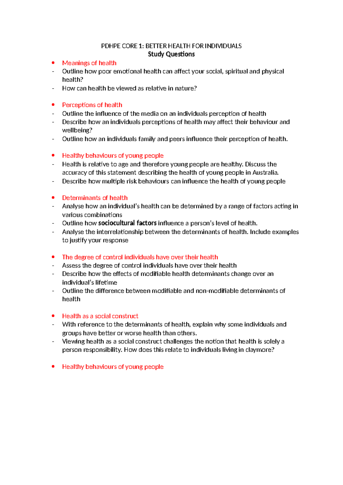 Core 1 notes - PDHPE CORE 1: BETTER HEALTH FOR INDIVIDUALS Study ...