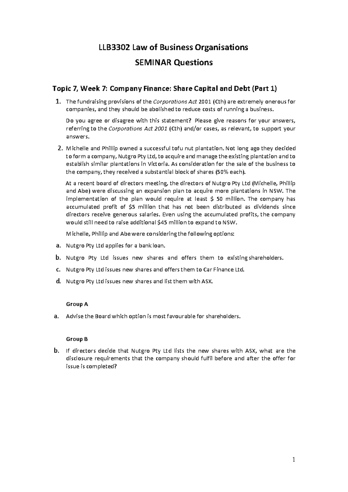 LLB3302 Seminar Questions: Company Finance & Share Capital Issues - Studocu