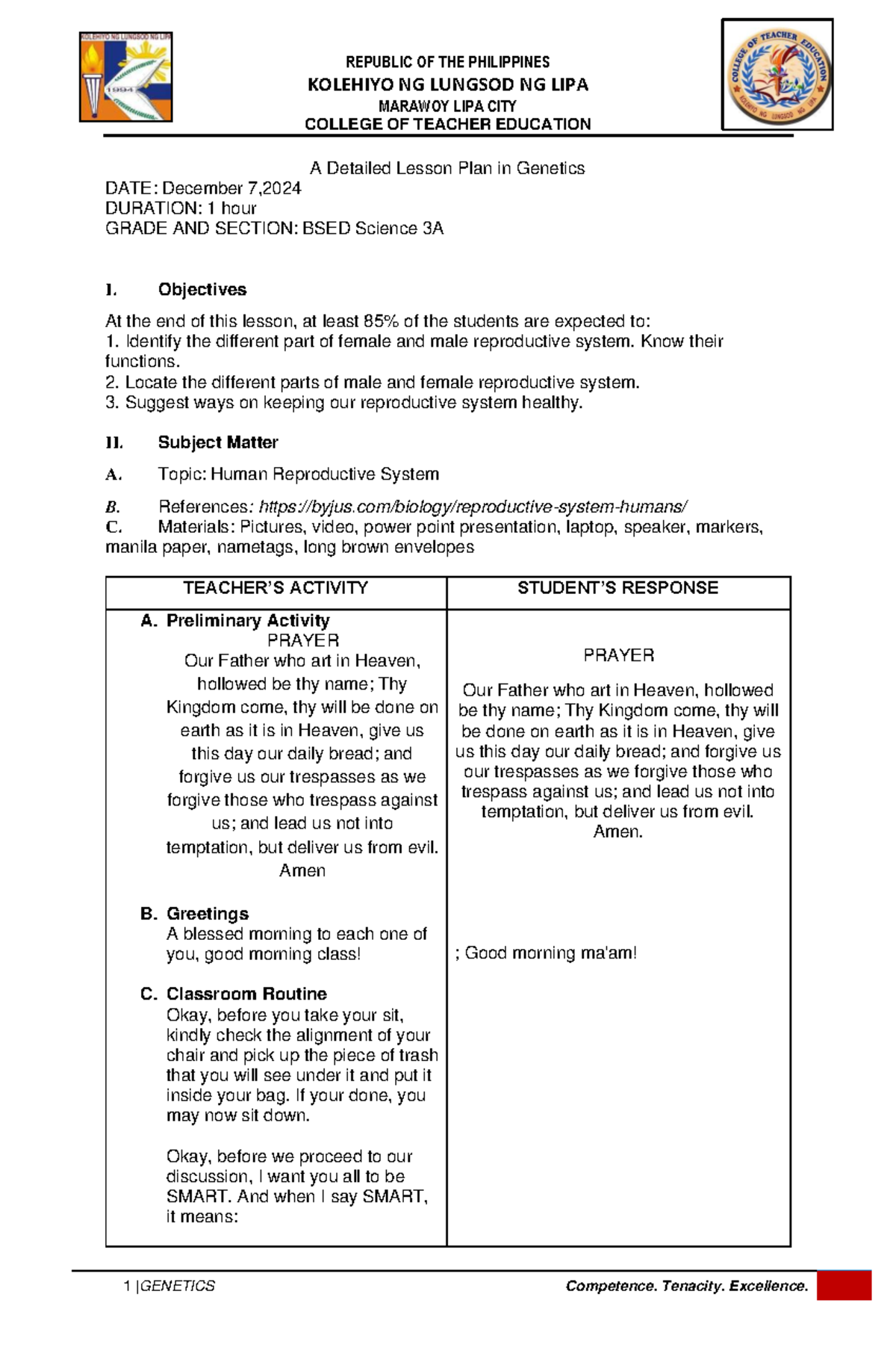 BSED Science 3A - Detailed Lesson Plan on Human Reproductive System ...