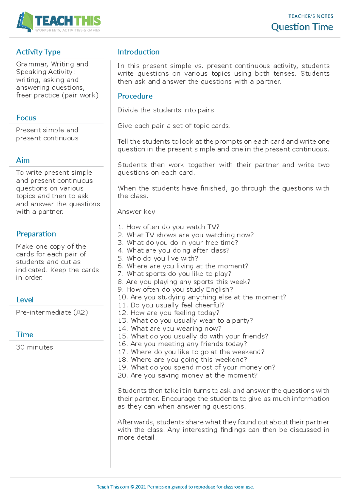 A2 Grammar Activity: Present Simple vs. Present Continuous Questions ...
