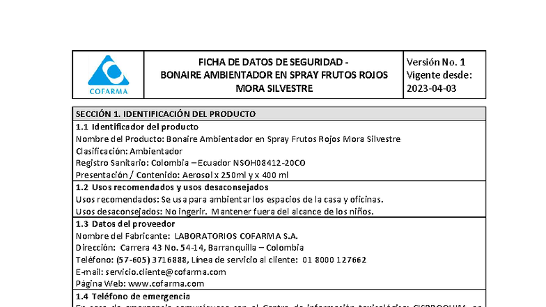 Ficha Técnica de Seguridad: Ambientador Bonaire Spray Frutos Rojos ...