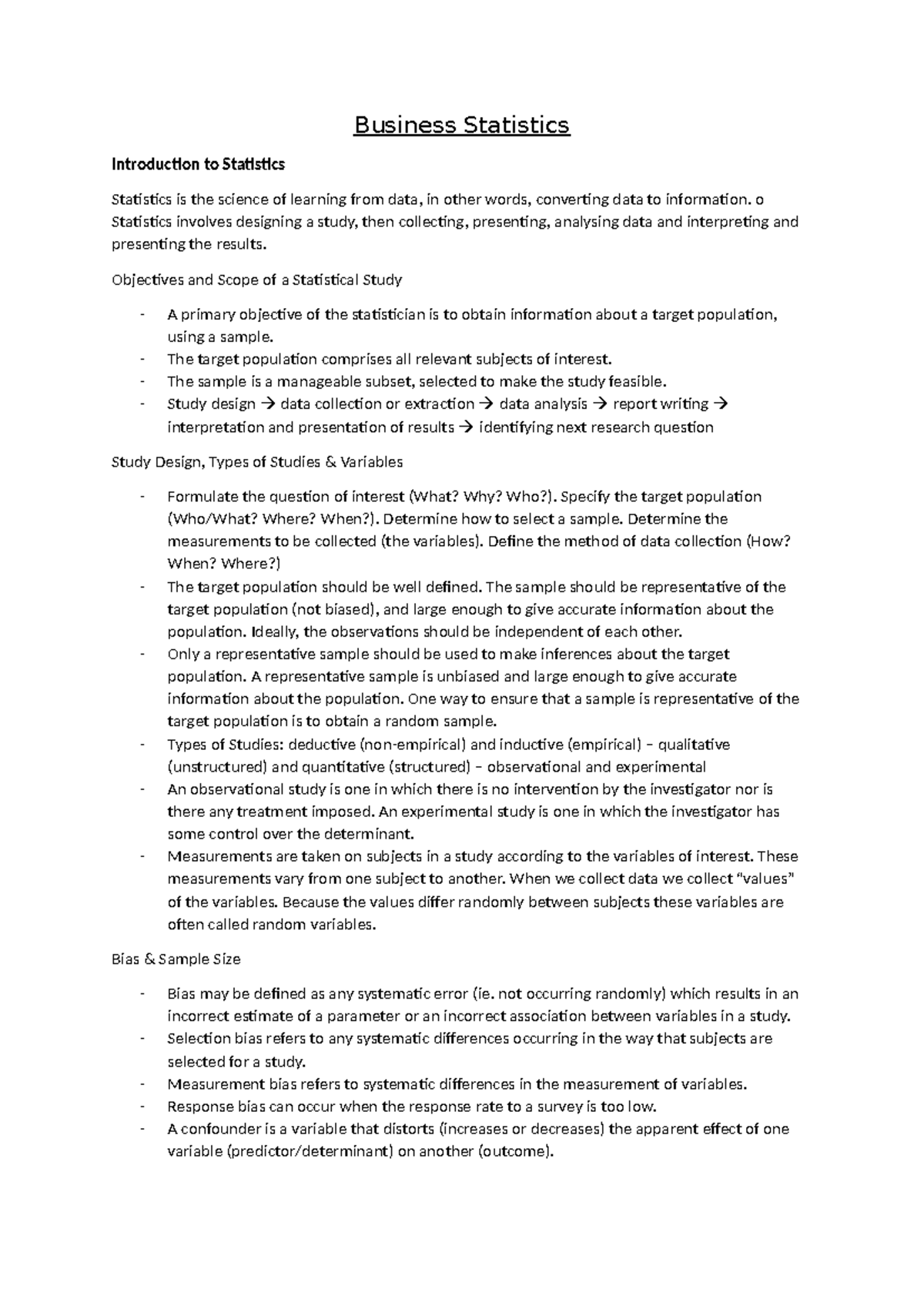 Business Statistics (BUS 101): Comprehensive Study Notes on Statistics ...