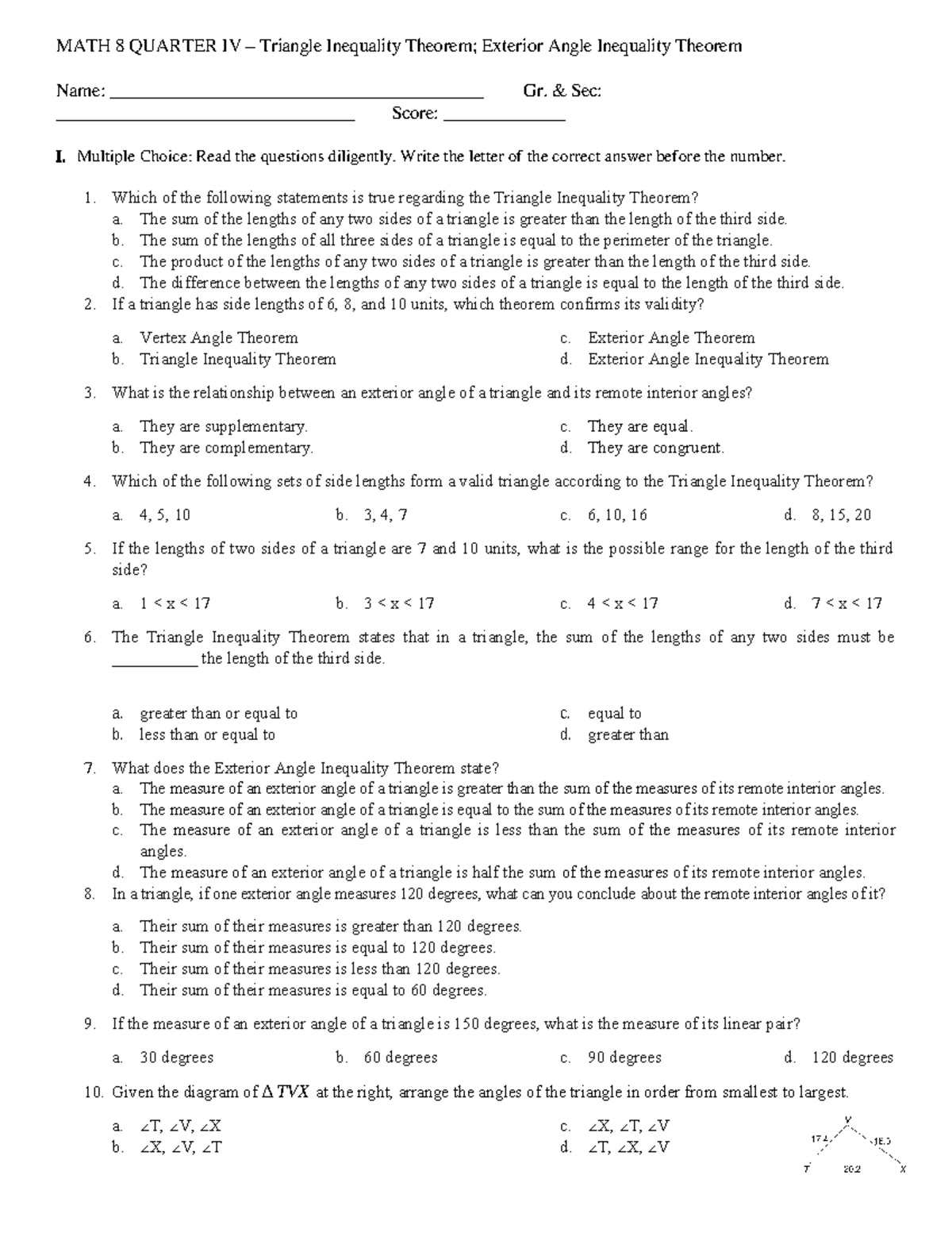 MATH 8 Q4: Summative Test on Triangle & Exterior Angle Inequality - Studocu