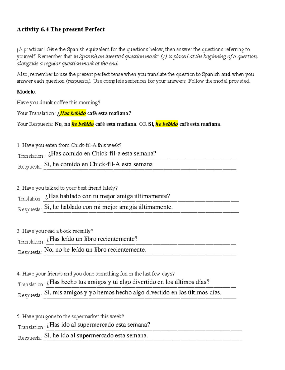 Activity 6.4: Present Perfect Practice in Spanish - Studocu