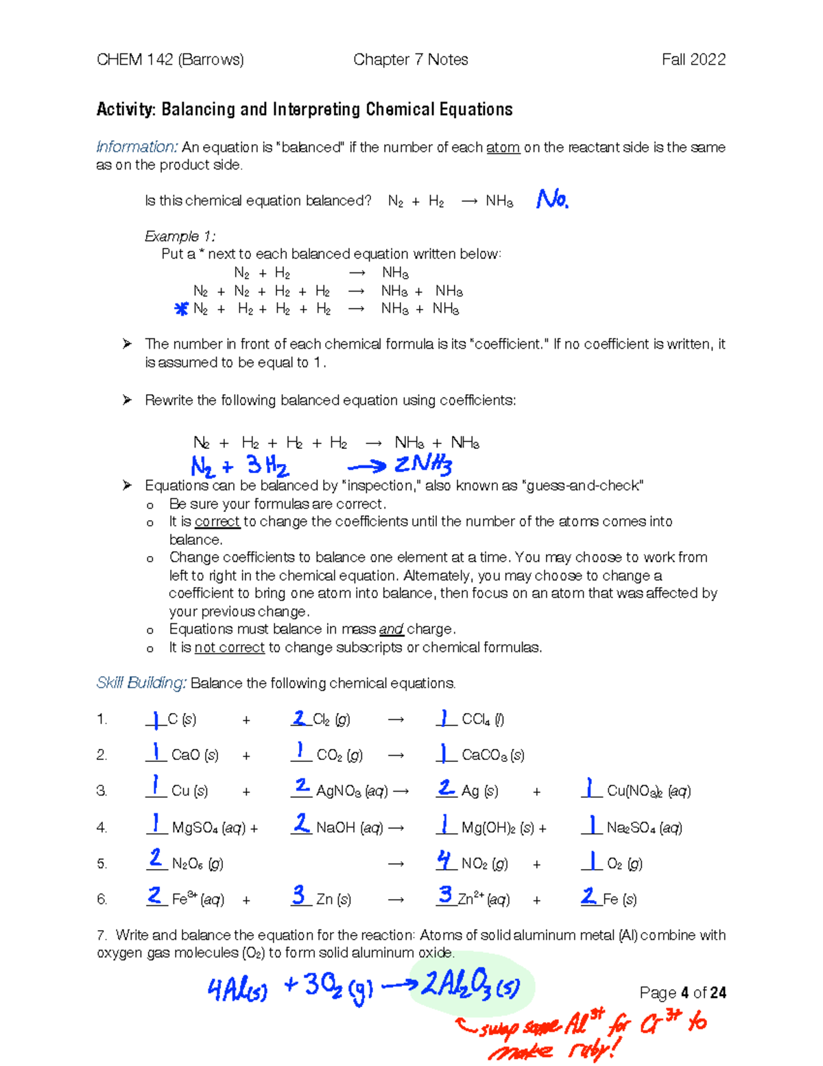 Chapter 7 Notes Key - Activity: Balancing and Interpreting Chemical ...