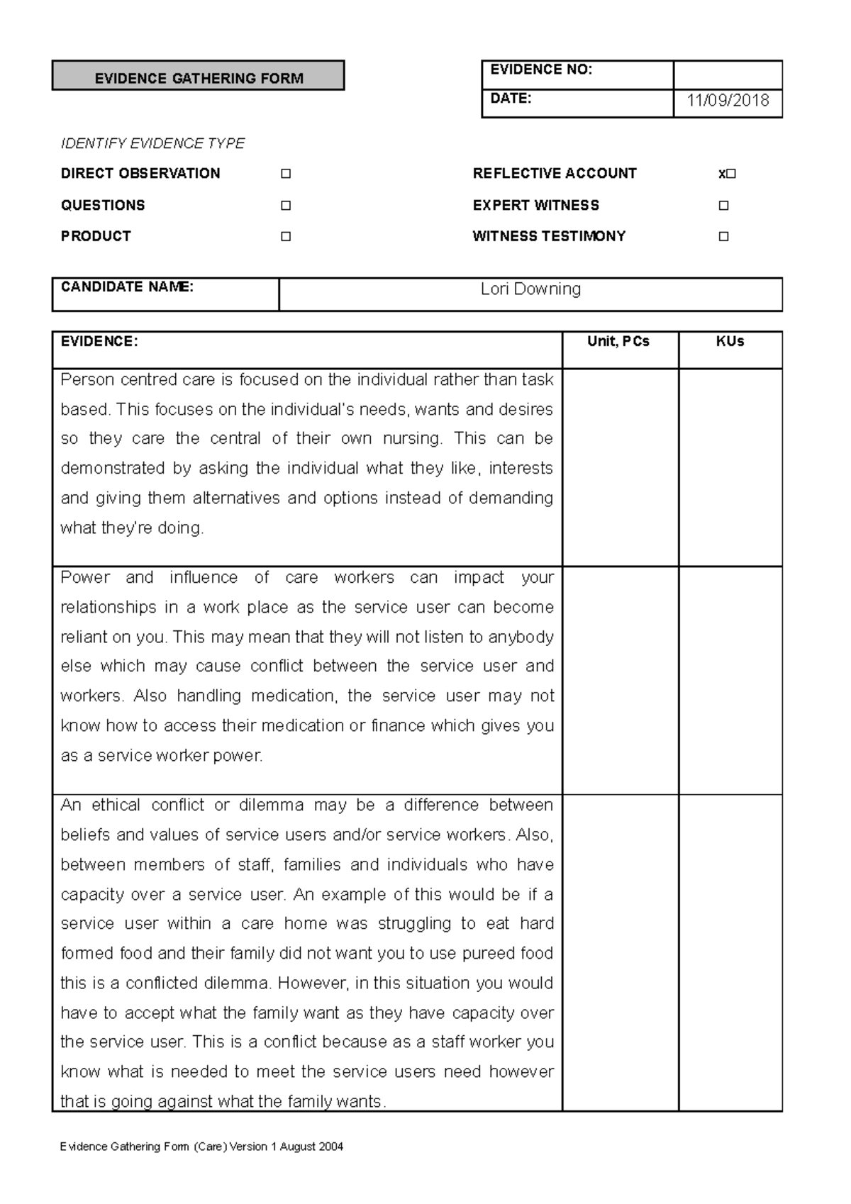 Knowledge - SVQ - EVIDENCE GATHERING FORM EVIDENCE NO: DATE: 11/09 ...