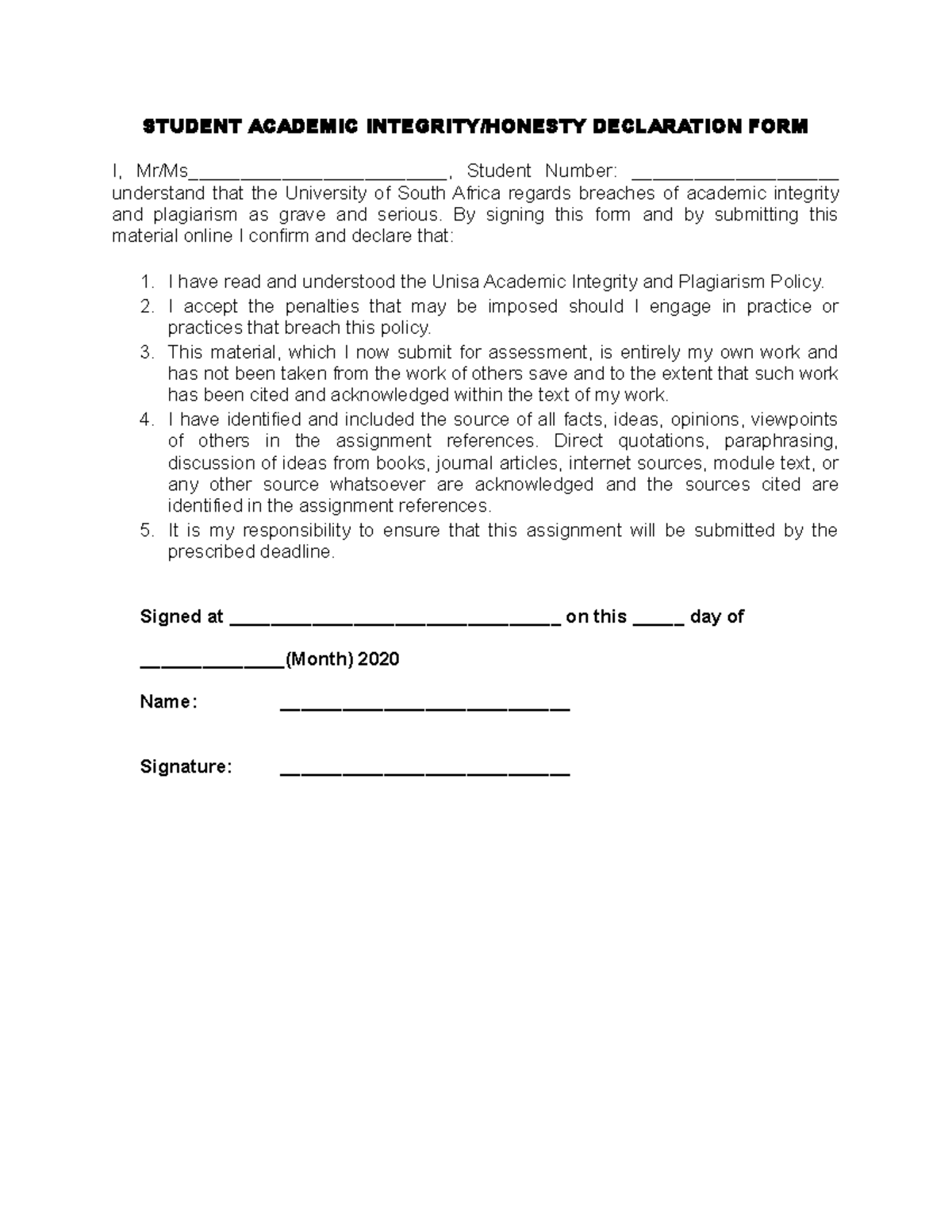 Academic Integrity OR Honesty Declaration FORM - LAW CSL2601 - Unisa ...