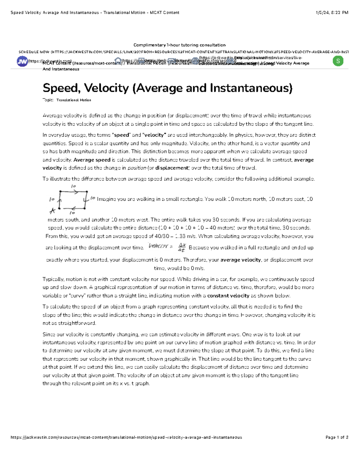 Speed, Velocity, and Instantaneous Motion - MCAT C/P Notes - Speed ...